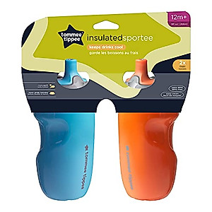 Tommee Tippee Insulated Sportee Water Bottle for Toddlers, Spill-Proof, Playful and Colorful Designs, Easy to Hold Handle, 9oz, 12m+, Pack of 2, Blue and Orange