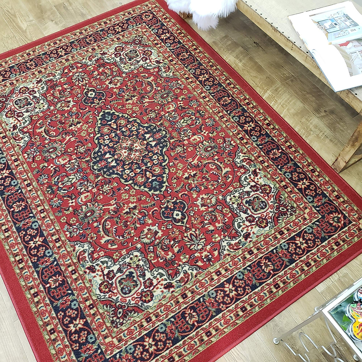 Rubber Backed Area Rug, 39 x 58 inch, Persian Medallion Carmine Red, Non Slip, Kitchen Rugs and Mats