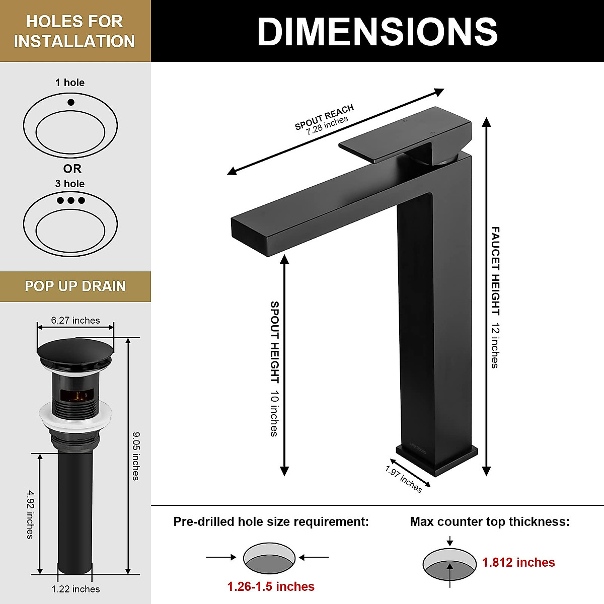Lava Odoro Matte Black Vessel Sink Faucet, Tall Single Handle Bathroom Faucet Single Hole Bowl Sink Faucet Lavatory Vanity Faucet with Pop up Drain Assembly, BF307-MB-T