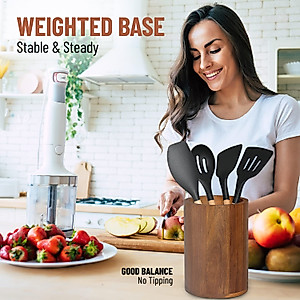 Acacia wood Utensil Holder for Kitchen Counter Decor, Flatware & Utensil Storage Organizer - Kitchen Utensil Organizer for Countertops, Pantry, Bathroom, Office & Center Table