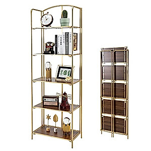 Crofy No Assembly Folding Bookshelf, 5 Tier Gold Bookshelf, Metal Book Shelf for Storage, Folding Bookcase for Office Organization and Storage, 12.87 D x 22.91 W x 68.1 H Inches