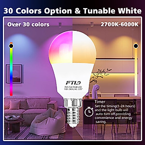 FTL E12 LED Light Bulb Color Changing, 5W 40W Equivalent A15 RGB Light Bulb with Remote Control, Warm White to Daylight White 2700K-6000K, 30 Colors RGB E12 LED Bulb Dimmable,Timer, 2 Modes,6-Pack