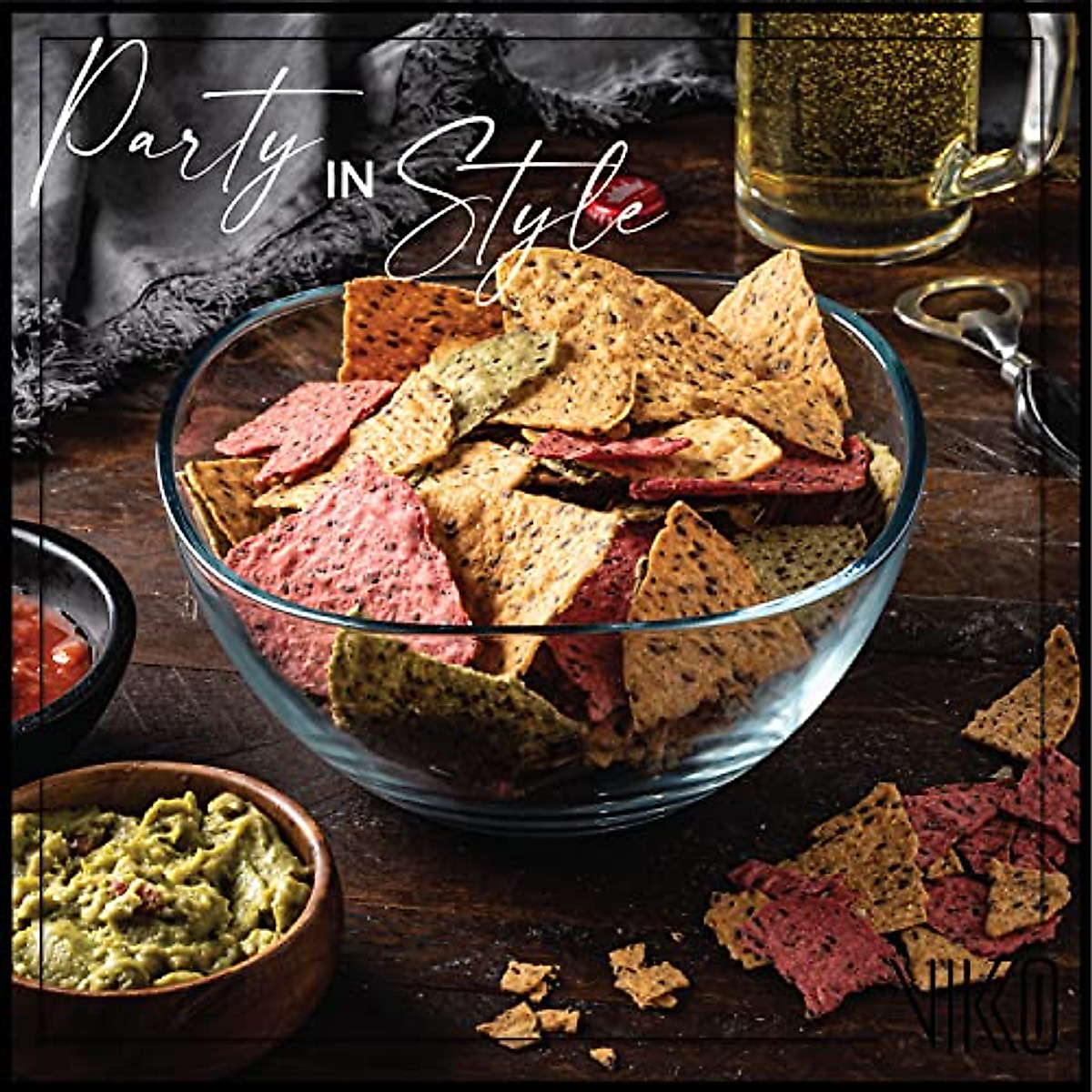 Vikko Glass Serving Bowl, 63.5 Ounce Beautiful Wavy Design, Thick and Durable Glass Mixing Bowl, For Salads, Desserts, Fruit, and More, Microwave and Dishwasher Safe Glass Serving Bowl, 8.2” x 4.5”