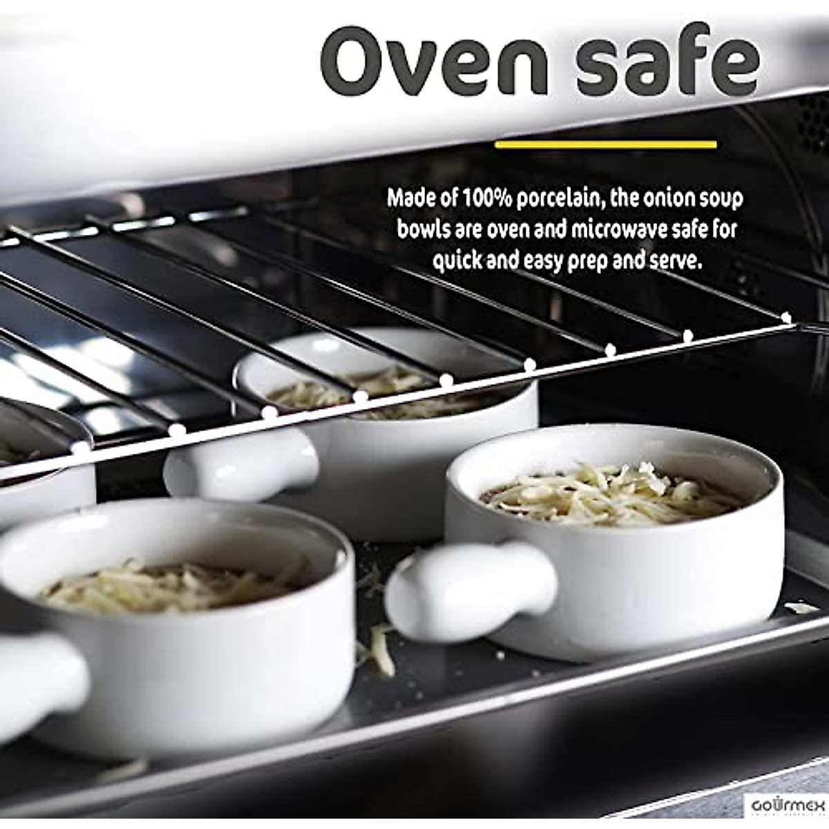 GOURMEX French Onion Soup Bowls with Handles | Stackable Ceramic Bowl Set | Ideal Cereal, Salad or Soup Mug | Microwave, Oven and Dishwasher Safe | Set of 4 (15 OZ)