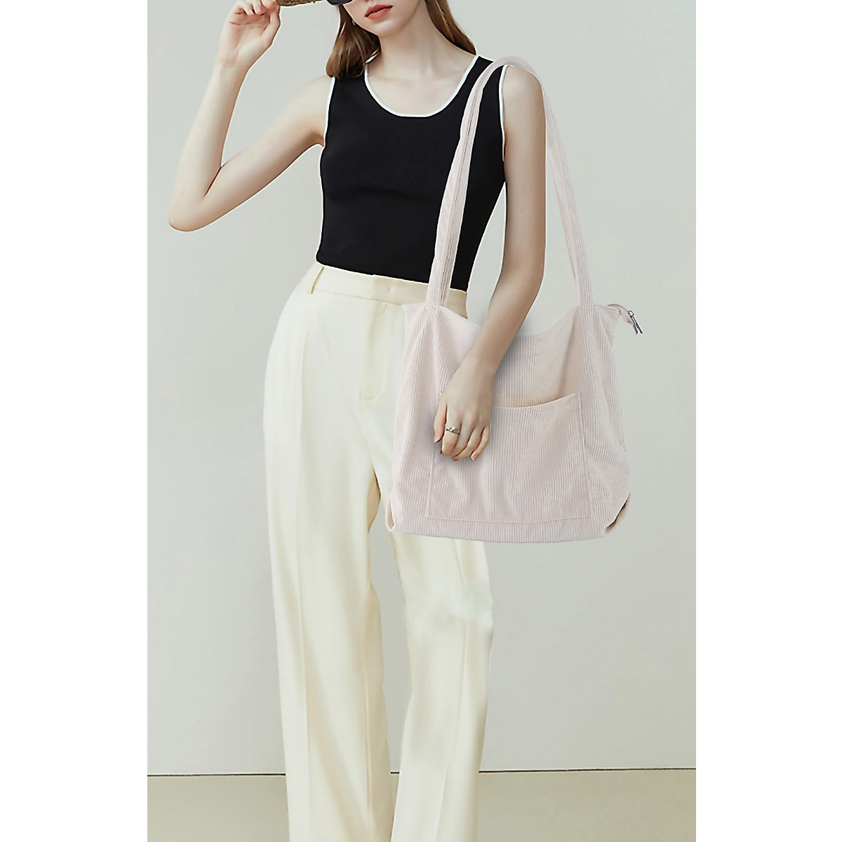 TCHH-DayUp Corduroy Tote Bags for Women with Zipper and Front Pocket Shoulder Handbags Casual Canvas Purse, Begie