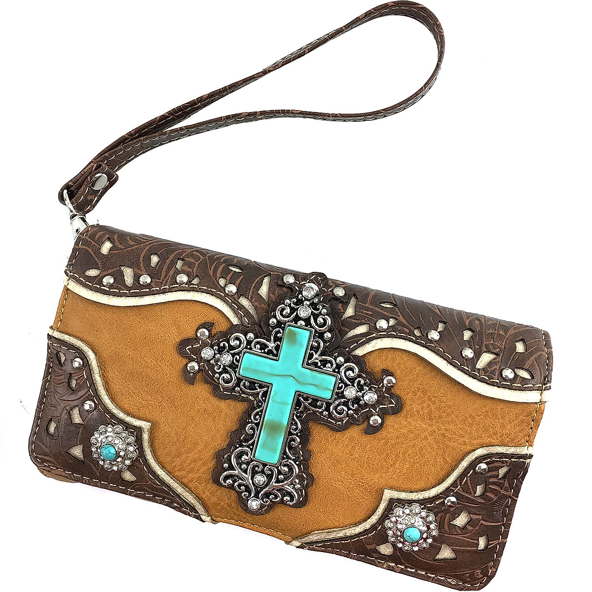 Justin West Western Tooled Laser Cut Turquoise Rhinestone Silver Cross Studded Shoulder Tote Handbag Purse (Tan Wallet)
