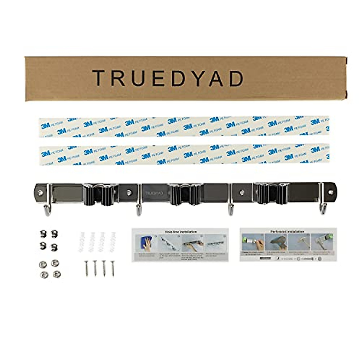 Broom Mop Holder Wall Mounted - Stainless Steel - Closet Storage Organizer For A Clean Home- Strong Heavy Duty 3m Self Adhesive Tape For Easy Installation- Utility Hooks For Everyday Tool Organization