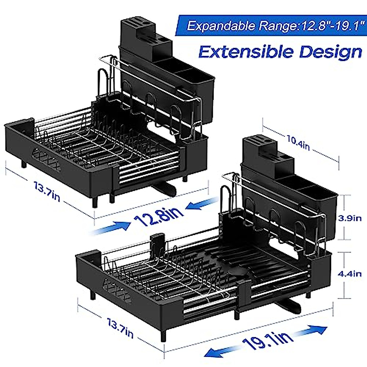 ROTTOGOON Expandable Dish Drying Rack, Stainless Steel Rustproof Dish Rack for Kitchen Counter, (12.8"-19.1") Dish Drainer with Drainage, Utensil Holder, Cup Holder for Various Kitchenware, Black