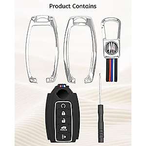Key Fob Cover with Key Chain Only Fit for Nissan 5 Buttons Smart Key, Soft Silicone Full Protection and Metal Shell Smart Key Case, Silver