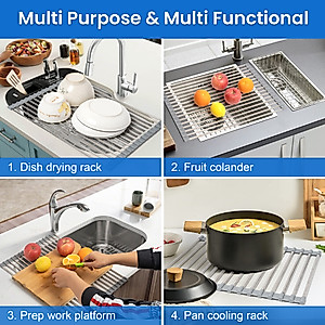 romise Adjustable Roll Up Dish Drying Rack for 10" - 20" Kitchen Sinks, Foldable Over The Sink Dish Drying Rack, Portable Stainless Steel Rolling Rack Dish Drainer Sink Rack Mat Trivet, Gray
