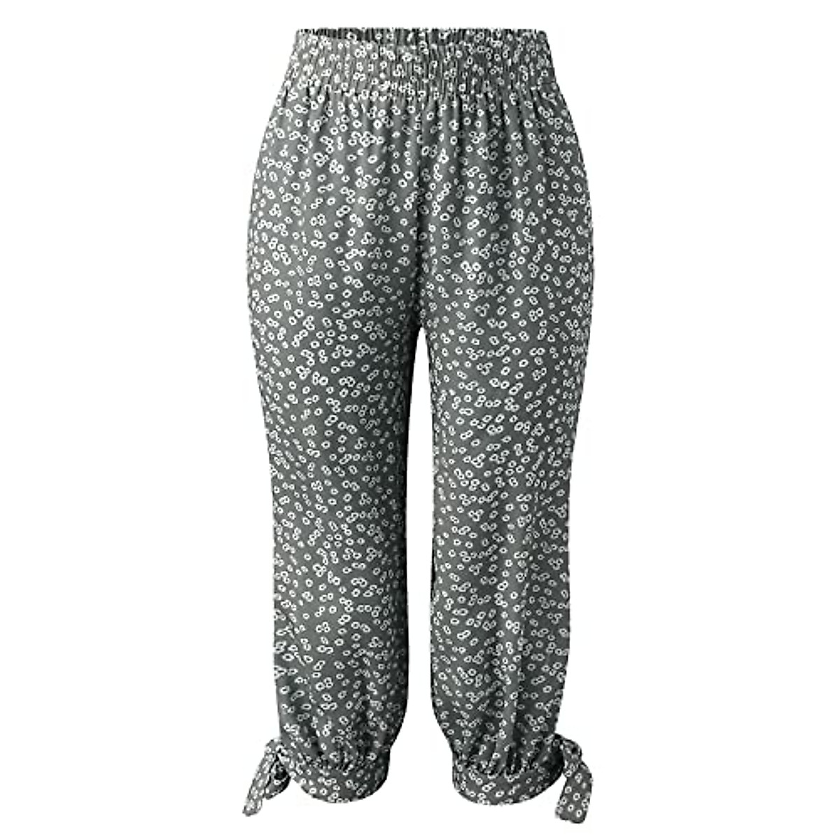 DUOWEI Women Pants for Work Casual Womens Flower Prinnted Linen Capri Pants Elastic Waist High Waist Work Pants for Women Green