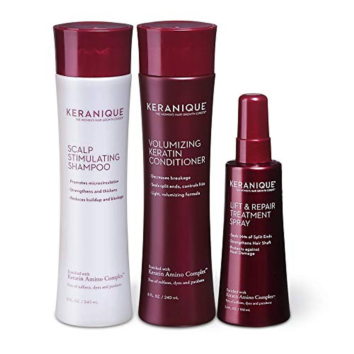 Keranique 60 Day Lift & Repair Kit | Shampoo, Conditioner, and Lift & Repair Treatment Spray | Keratin Amino Complex | Seals Split Ends | Free of Sulfates, Dyes and Parabens