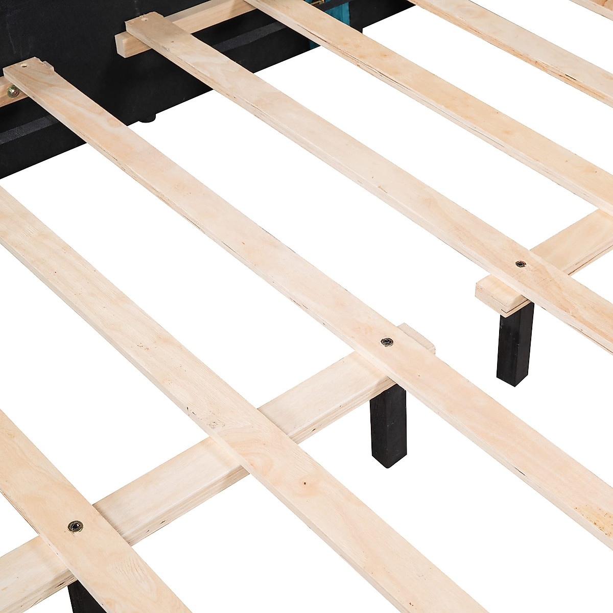 HomSof Upholstered Platform Bed Queen Size Storage Blue Velvet Bed with Wingback Headboard, 1 Big Drawer and 2 Side Storage Stool