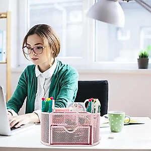 KWAGOCAR Pink Desk Organizers and Accessories Pencil Holder for Desk Cute Mesh Pen Holder Desk Organizer Trendy Mesh Office Desk Supplies with 8 Compartments and 1 Drawer Stationery Home School, Pink