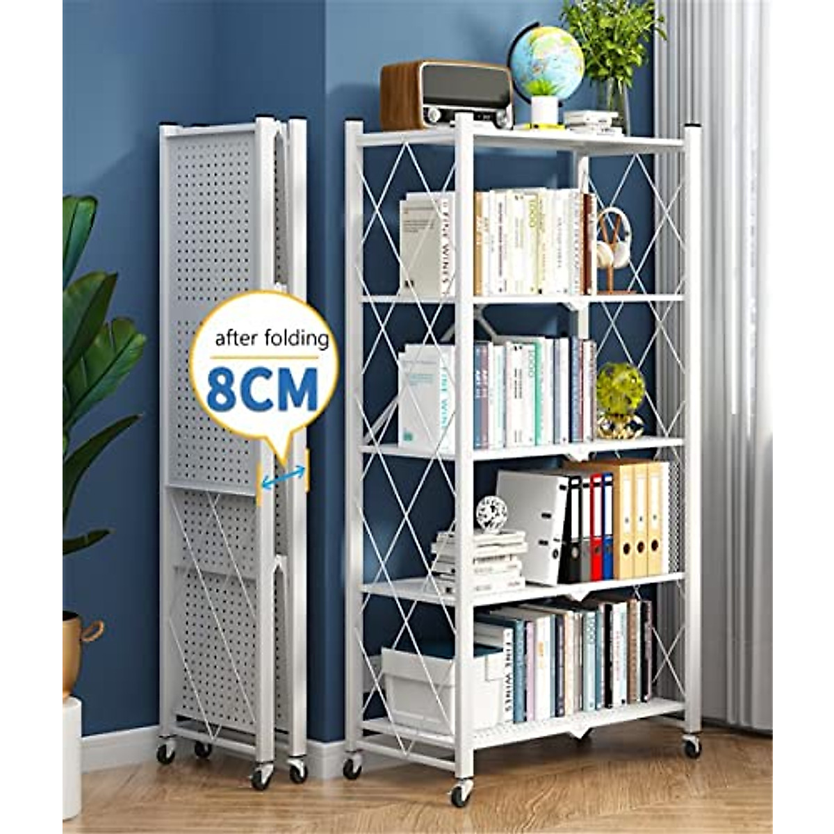 NIUYAO 5 Tier Foldable Shelving Unit with Wheels, Freestanding Metal Storage Shelf Heavy Duty Standing Shelves Units for Home Kitchen Bakers Closet Pantry -Black 28" L x 14.4" W x 64.2" H