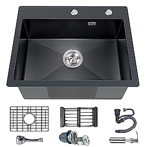 Black Kitchen Sink Stainless Steel 19.7 x 15.7 Inch Single Bowl Drop In Kitchen Sink With Gift: Stainless Steel Bottom Grid, Faucet Sprayer, Drain Strainer Set for Modern Kitchen Sink