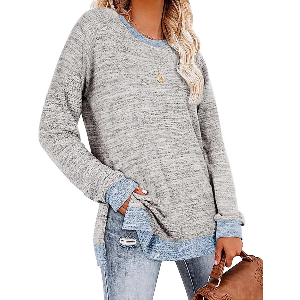 WELINCO Women's Long Sleeve Loose Casual Fall Pullover Side Split Tunic Tops Grey Large