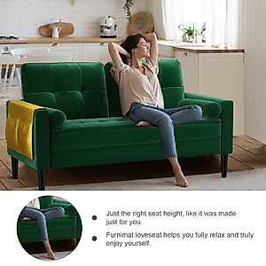 FURNIMAT 58 Inch Green Loveseat Sofa, 2 Seater Sofa for Small Space, Button Tufted Velvet Couch with 2 Pillows, Mid Century Modern Couch, Small Couches for Living Room, Bedroom, Apartment