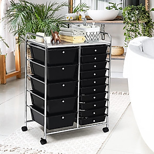 GOFLAME 15-Drawer Rolling Storage Cart, Multipurpose Movable Organizer Cart, Utility Cart for Home, Office, School, Black