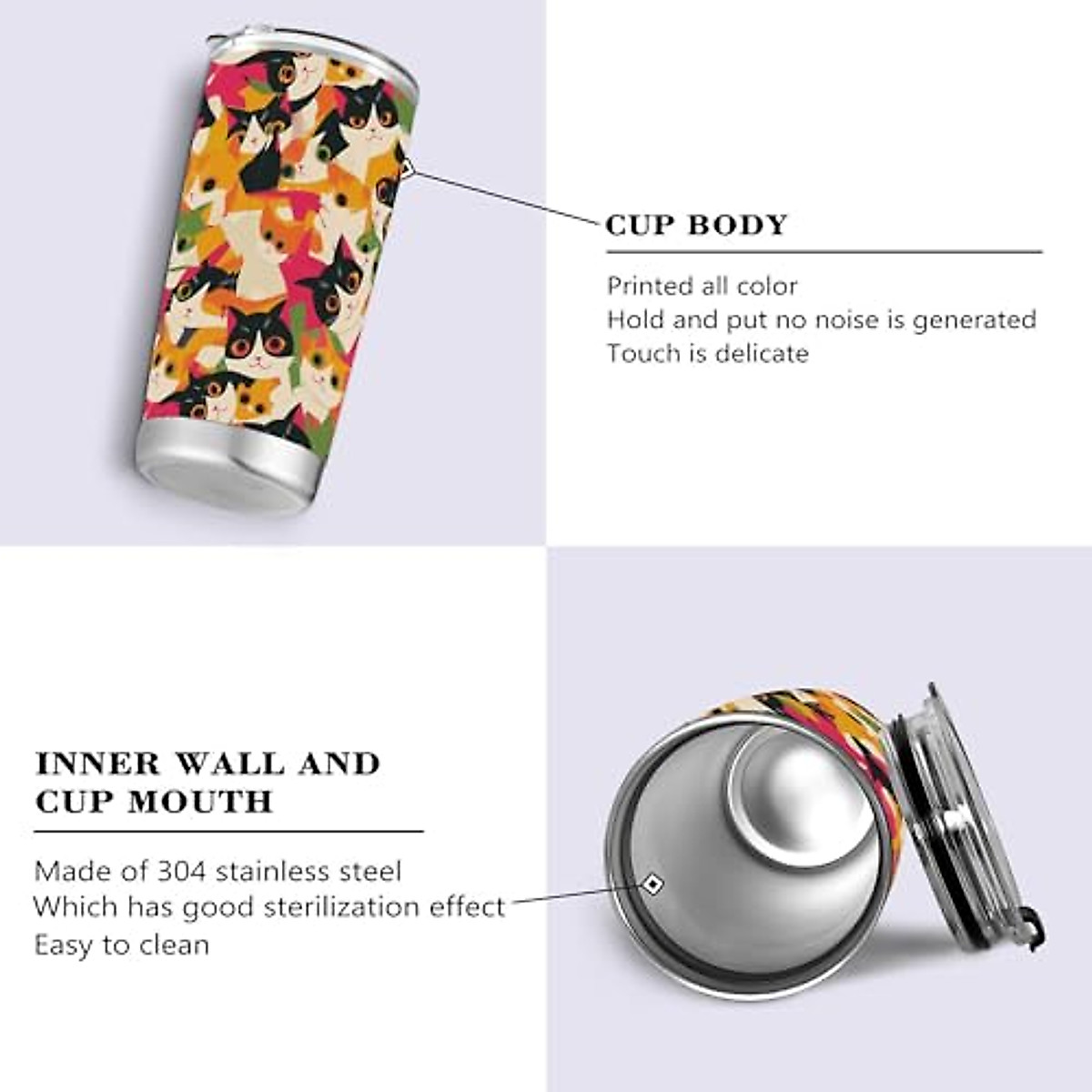 Retro Cartoon Cats Colorful Stainless Steel bottle with straw with Straw Lid travel coffee mug spill proof for Water, Iced Tea or Coffee modern coffee tumbler 20 OZ