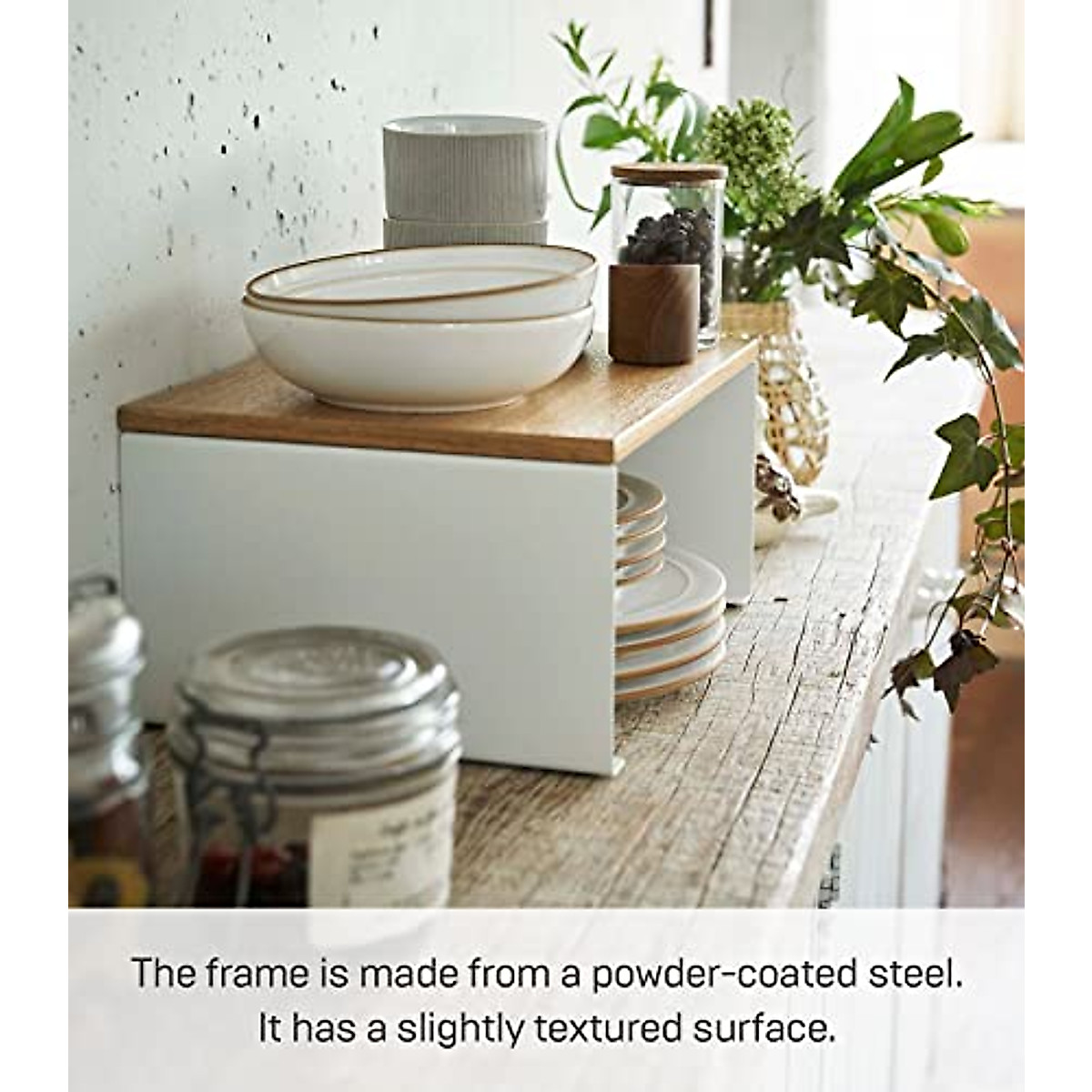 Yamazaki Wood-Top Stackable Kitchen Rack-Modern Counter Shelf Organizer, White