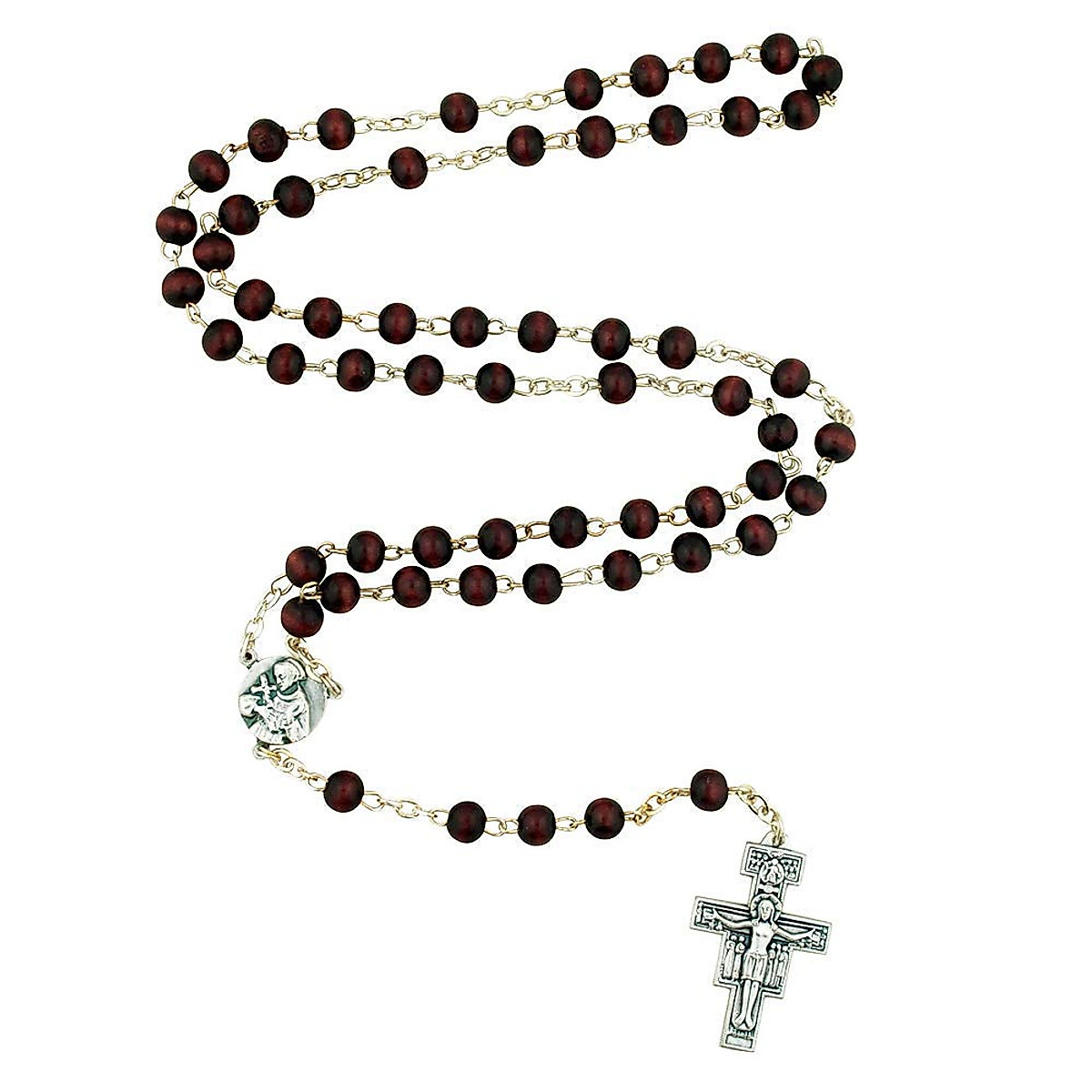 San Damiano Crucifix Cross Rosary | Saint Francis of Assisi Centerpiece | Beautiful Dark Wooden Beads | Christian Devotional Prayer | Great Catholic Gift for First Holy Communion and Confirmation