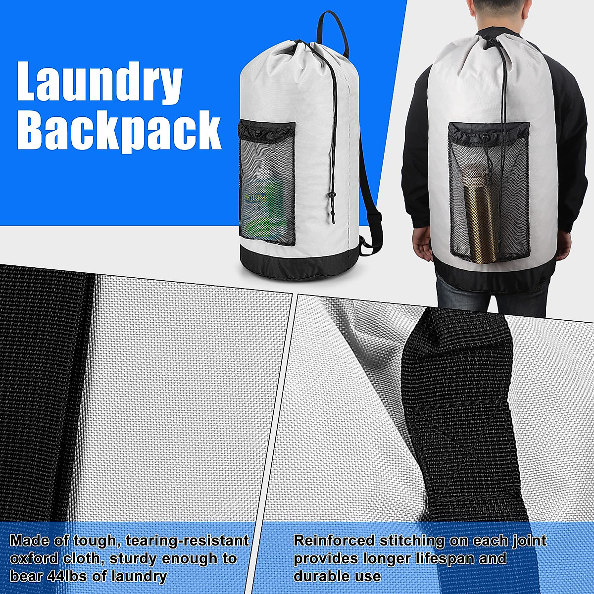 Berlune 6 Pcs Large Laundry Backpack Laundry Bag with Adjustable Shoulder Straps and Mesh Pocket Dirty Clothes Bag with Drawstring Closure Waterproof Hamper Bag for College Travel, Grey