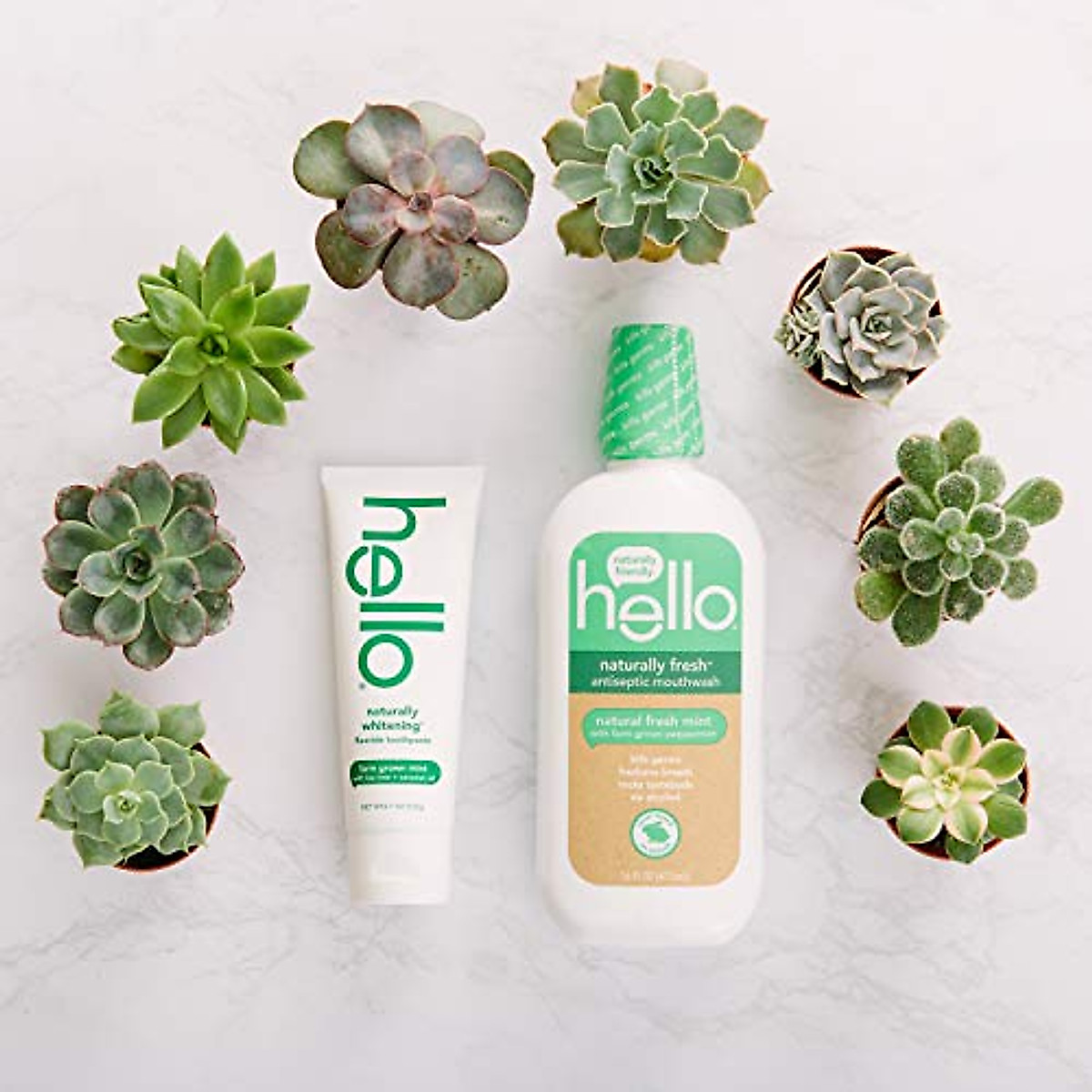 Hello Naturally Whitening Fluoride Toothpaste and Naturally Fresh Antiseptic Mouthwash, Farm Grown Mint, Alcohol Free, Vegan, SLS Free and Gluten Free, 4.7 Ounce Tubes (Pack of 2), 16 Ounce Bottle