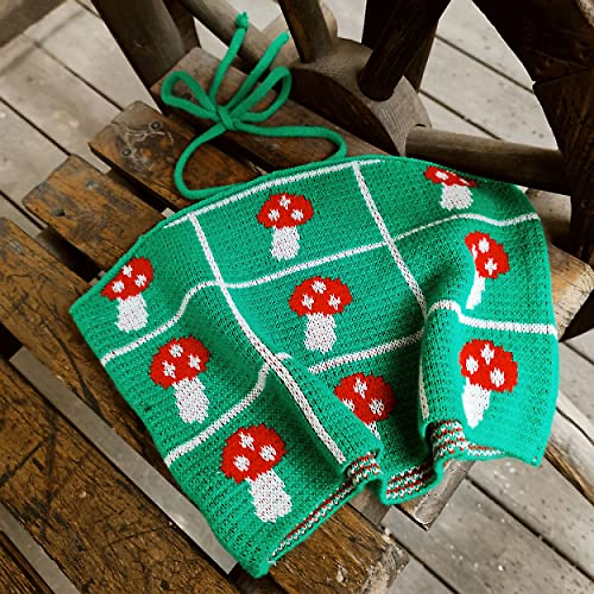 Women’s Knit Crop Tank Top Halter Neck Cute Mushroom Graphic Backless Crochet Summer Cami Top Green