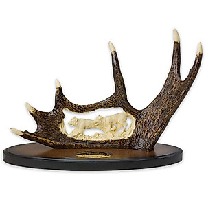 K EXCLUSIVE Wild Wolf Pack Fixed Blade Knife – Wolf Artwork on Blade, Carved Antler Display Stand, Intricate Faux Bone Handle – Artistic Home Décor for Wildlife Fans – 12” Overall