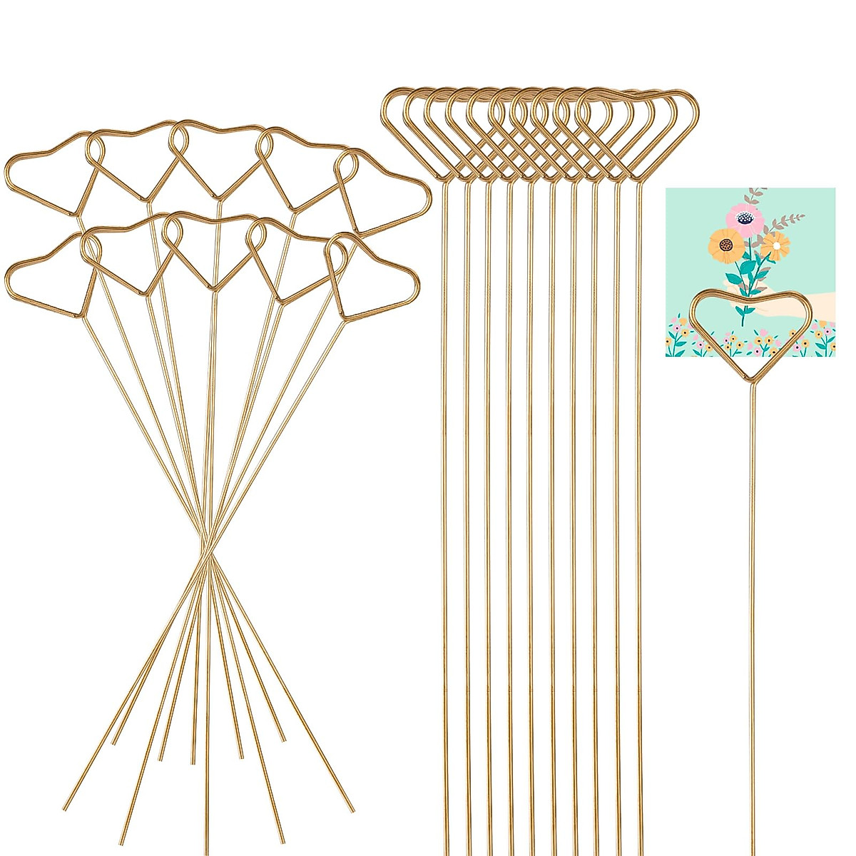 XIHIRCD 20pcs Floral Card Holder Picks, Metal Heart Shape Gift Card Holder Decorative Flower Photo Picture Sticks Clips Golden Card Holder Floral Arrangement for Wedding Party Valentines Centerpiece
