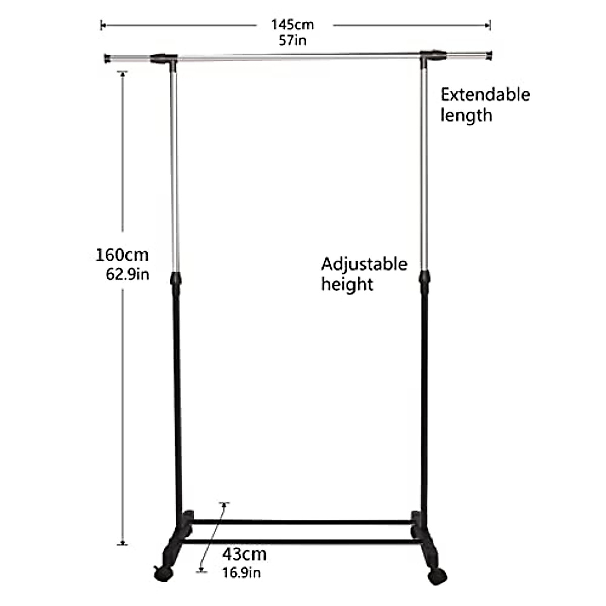 VEAREAR Standard Rod Simple Rolling Metal Clothing Rack, Garment Rack Organizer, Freestanding Hanger with Wheels, Metal Garment Rack for Hanging Clothes, Rolling Clothes Organizer, Black