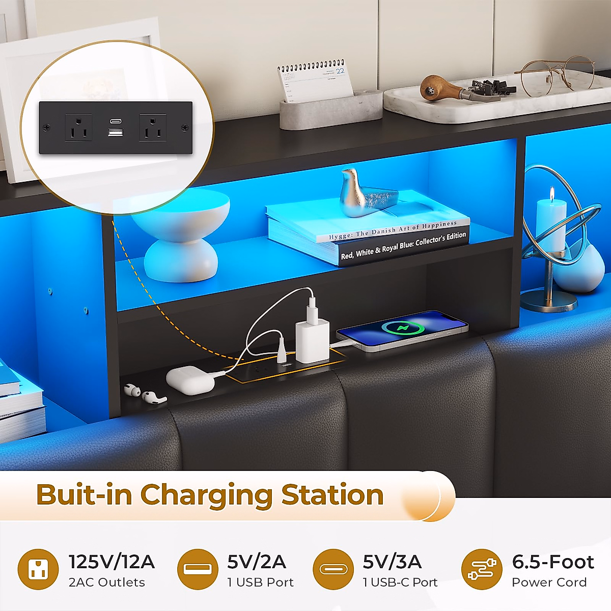 VIAGDO Queen Bed Frame with Bookcase Headboard, Wood Bed Frame Queen Size with Charging Station, 4 Storage Drawers and LED Lights, Upholstered Bed with Type-C and USB, No Box Spring Needed, Black