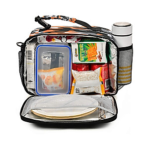 Qilmy Black Orange Camo Lunch Bag Insulated Waterproof Reusable Lunch Tote Bag with Detachable Shoulder Strap, Zipper Lunch Box for School Office Travel Picnic