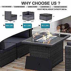 NICESOUL® Large Size PE Rattan 10 Seats Patio Furniture Sectional Sofa Sets with Fire Pit Table Gray Outdoor Wicker Conversation Sets Modern Luxury