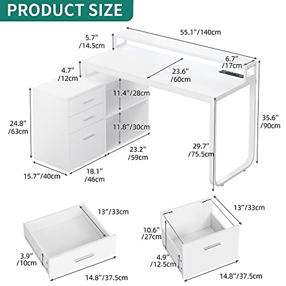 YITAHOME L Shaped Desk with Power Outlets & LED Lights & File Cabinet, 55" Corner Computer Desk with 3 Drawers and 2 Storage Shelves, Home Office Desk with Monitor Stand, White