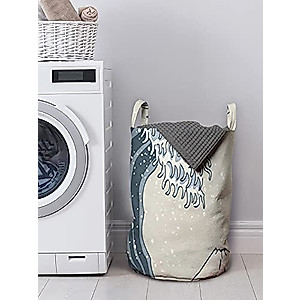 Ambesonne Asian Laundry Bag, The Great Wave in The Japanese Style Cultural Artwork, Hamper Basket with Handle Drawstring Closure for Laundromats, 13" x 19", Petrol Blue Slate Blue