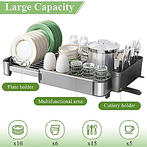 Dish Drying Rack, Kitchen Counter Dish Drainer Rack Auto-Drain, Expandable (14.8 to 22.2 inch) Rustproof Aluminium Large Sink Dish Strainer with Dish Drying Mat and Utensil Holder, Silver