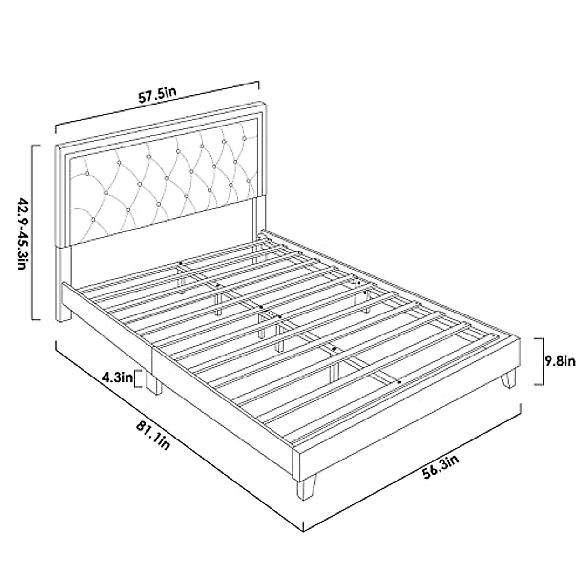 HITHOS Full Bed Frame, Upholstered Platform Bed Frame with Modern Adjustable Headboard, Diamond Tufted Mattress Foundation with Wooden Slat Support, No Box Spring Needed, Easy Assembly (Full, Black)