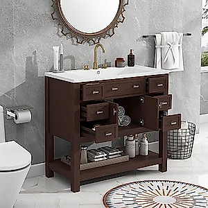 VKKILPEE 36'' Freestanding Bathroom Vanity Set Bathroom Vanity with Top Sink, Bath Vanity Storage Cabinet with 6 Drawers & 2 Soft Closing Doors, Modern Bathroom Vanity and Sink Combo, Brown