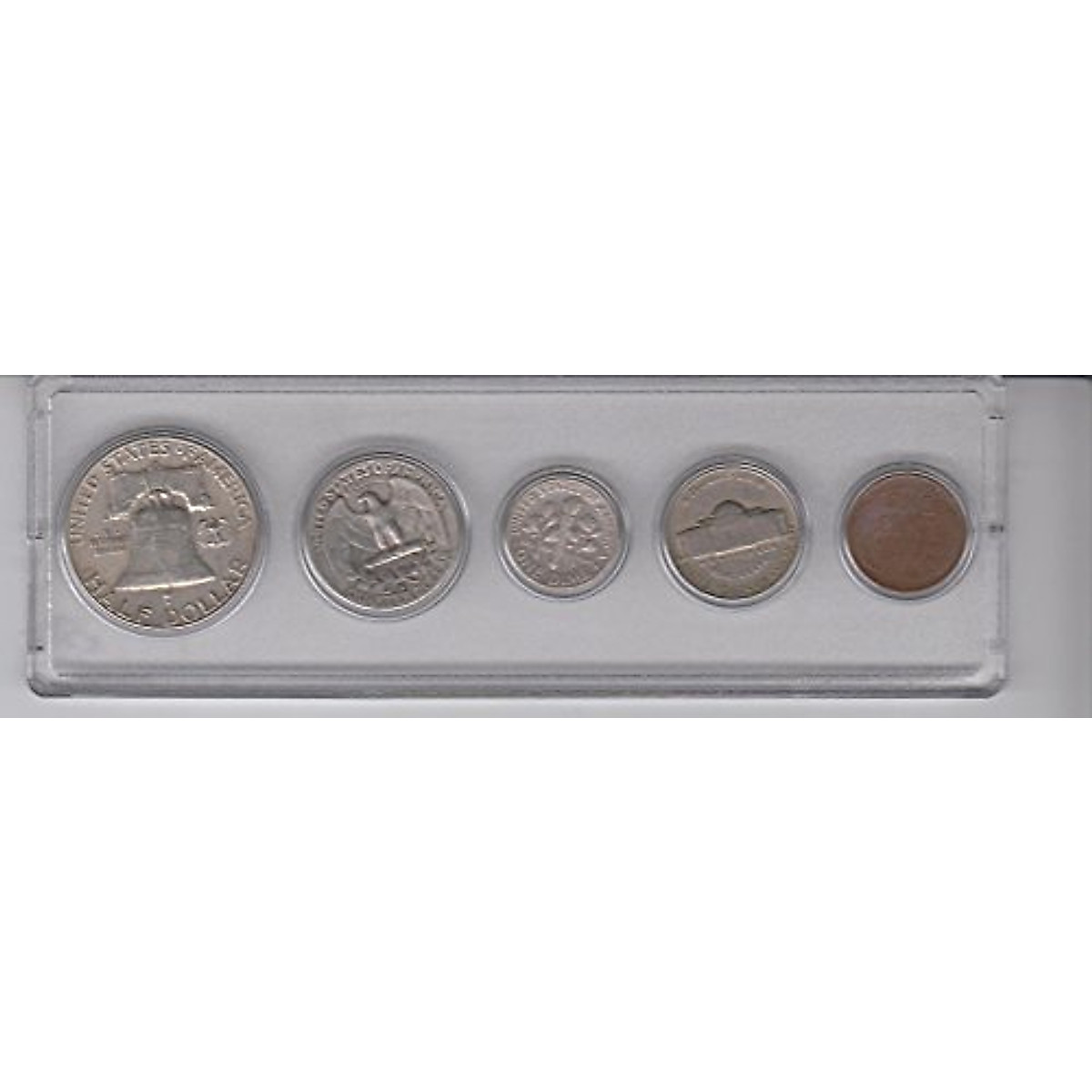 1953 BIRTH YEAR COIN SET-5 COINS TOTAL-SILVER HALF DOLLAR, SILVER QUARTER,SILVER DIME, NICKEL, AND CENT -ALL DATED 1953, AND DISPLAYED IN A PLASTIC HOLDER--NOTE--THESE COINS WILL BE AS GOOD OR BETTER THEN THE PICTURE--NOTHING LESS