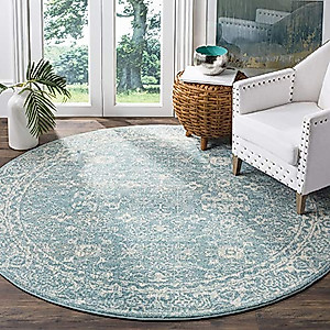 SAFAVIEH Evoke Collection 6'7" Round Silver / Ivory EVK270Z Shabby Chic Distressed Non-Shedding Dining Room Entryway Foyer Living Room Bedroom Area Rug