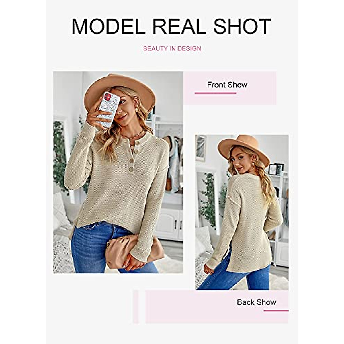 Dokotoo Womens 2023 Fall V Neck Fashion Button Cable Knit Sweater Basic Solid Soft Ladies Batwing Long Sleeve Pullover Tops Jumpers Outwear Khaki M