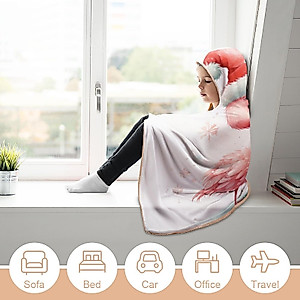 Hooded Blankets Flamingos Wear Santa Hats Wearable Hooded Blanket Cape Winter Flamingo Fleece Blanket Cloak Cape Blanket Fit for Kids Adults Teens for Couch Bed 40"x50" Spring Summer Blanket Hoodie