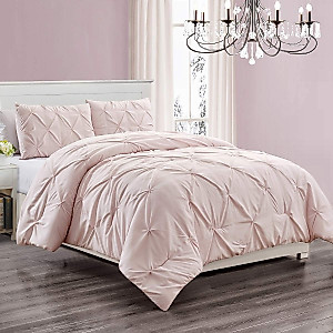 3 Piece Microfiber Comforter Set Girls Bed Dorm Room Decor Pinch Pleat Pintuck Down Alternative Queen Size Bedding - All Season Rose Blush Pink Bedroom Decor- JN1 (Queen 3 Piece)