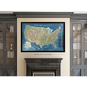 National Parks Poster Map with terrain and USA Interstates, All NPS Sites, Landmarks, Highest Peak by State Poster - 24x18 inch Map - Explore America - Voyager Edition