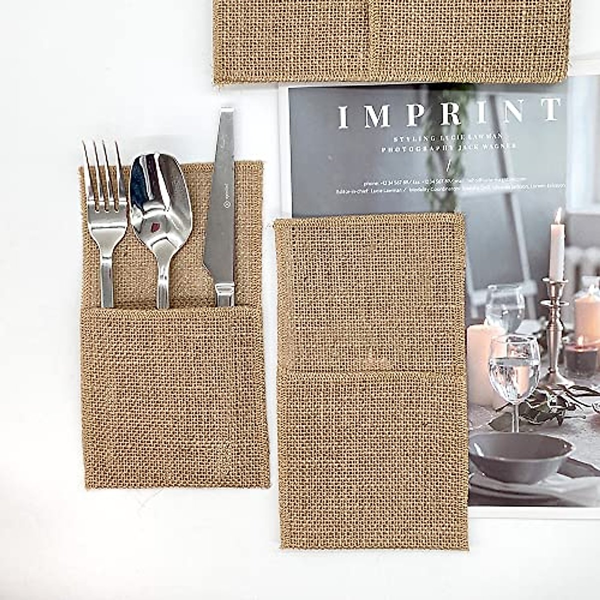 AOKQYA Burlap Silverware Holder Set Of 10 Reusable Rustic Utensil Holder Pouch for Table Setting (Natural)