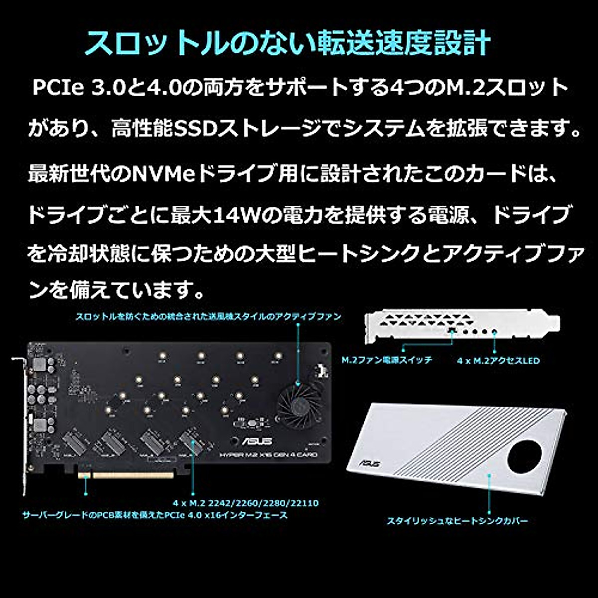 ASUS Hyper M.2 X16 PCIe 4.0 X4 Expansion Card Supports 4 NVMe M.2 (2242/2260/2280/22110) up to 256Gbps for AMD 3rd Ryzen sTRX40, AM4 Socket and Intel VROC NVMe Raid