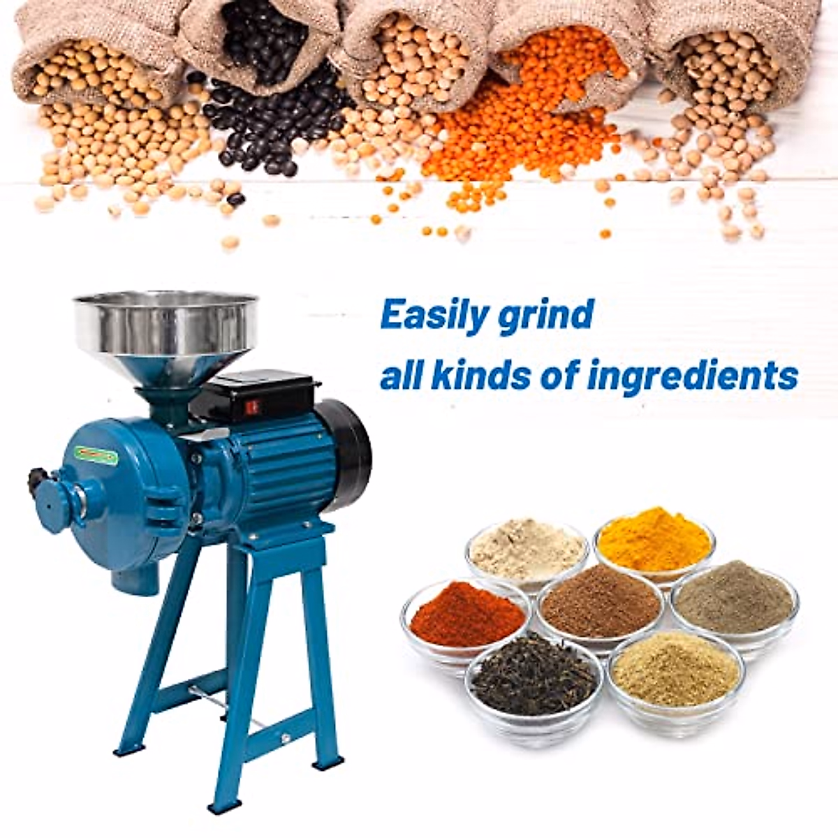 Electric Grinder, Woueniut High Power Adjustable Thickness Grain Mill Electric, Wet and Dry Powder Machine for Spices Seeds Herb Rice Corn (Wet and Dry)