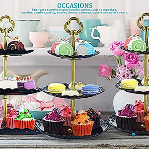 3 Sets of 3-Tier Plastic Cupcake Stand Dessert Plates Mini Cake Fruit Candy Display Tower Reusable Tiered Serving Tray Round Square Pastry Cake Rack Holder Tray for Wedding Birthday (Black)
